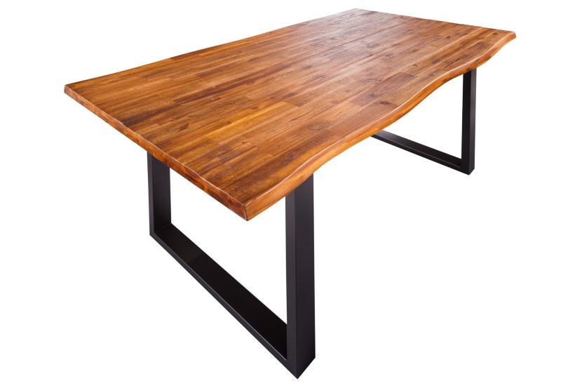 Table de salle à manger en tronc d'arbre massif GENESIS 140cm acacia bord d'arbre piétement traîneau
