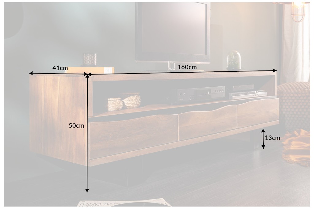 Massives TV-Board MAMMUT 160cm Akazie Honey Finish Metall Baumkante ...