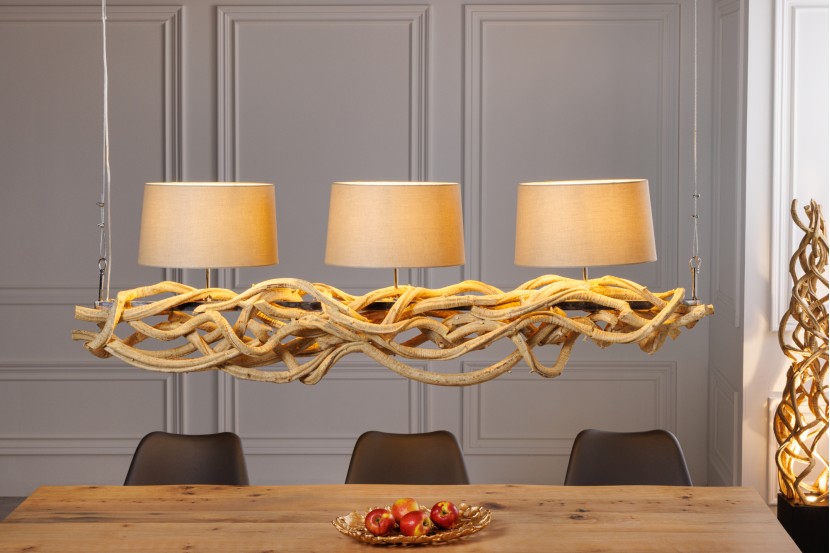 Suspension design VIGNE 160cm nature bois massif recyclé handmade abat-jour en lin