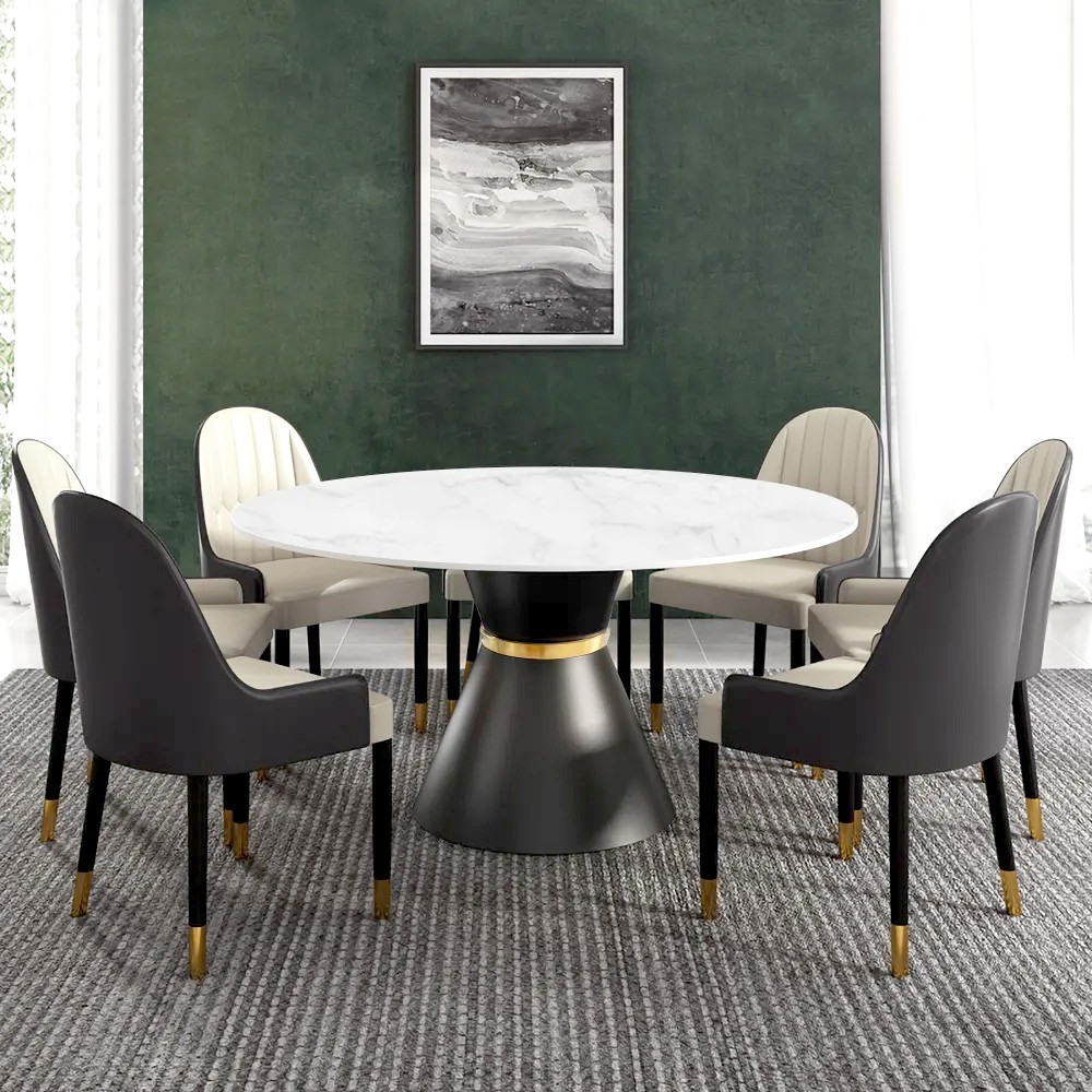 Table à manger ronde céramique marbre blanc et pied noir doré BOEM