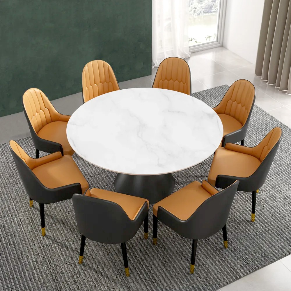 Table à manger ronde céramique marbre blanc et pied noir doré BOEM