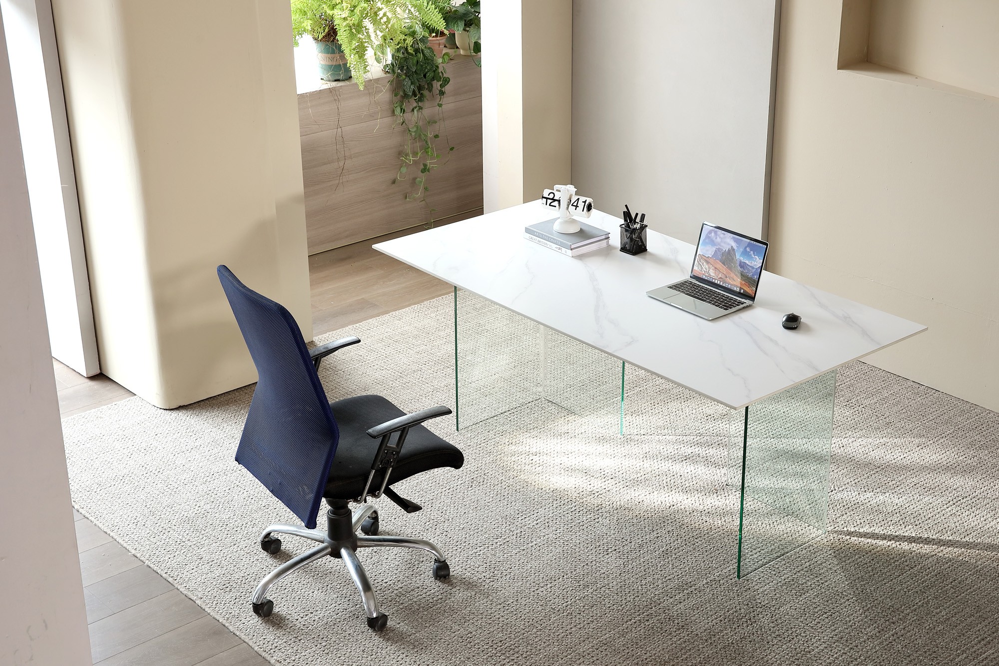 Table de Bureau DUBLIN: Céramique Marbre Blanc et Verre Trempé