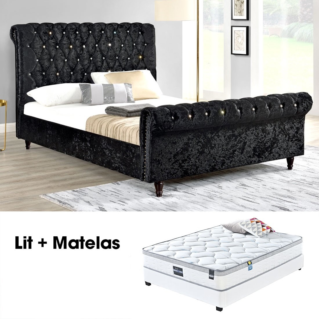 Cama doble 140 con colchón - Cama negra de diseño Kapaldi - MeublerDesign