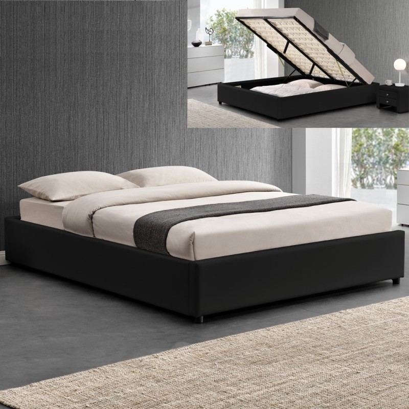 Lit double 160 noir avec rangement et matelas - MeublerDesign