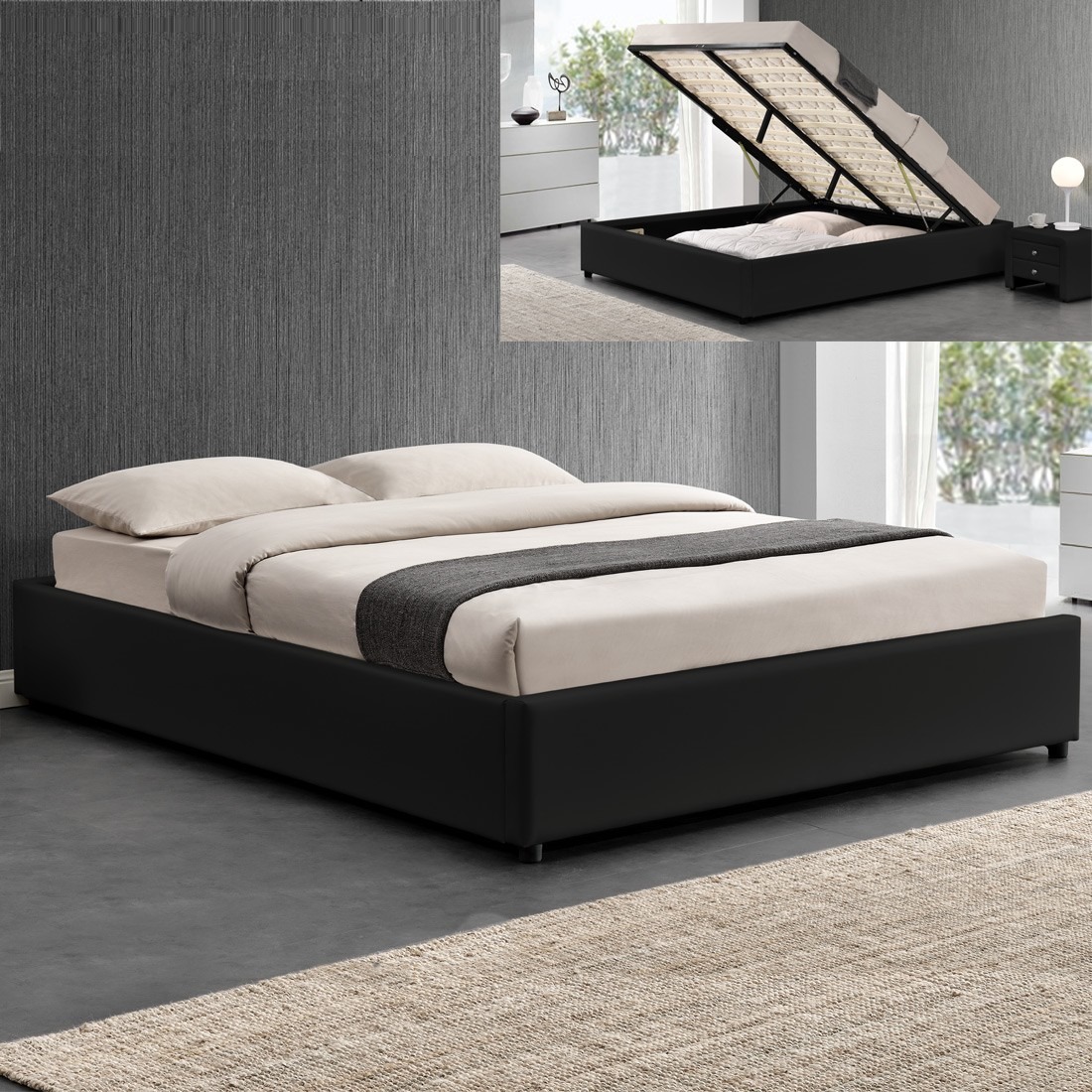 Cama doble 160 negra con almacenaje y colchón - MeublerDesign