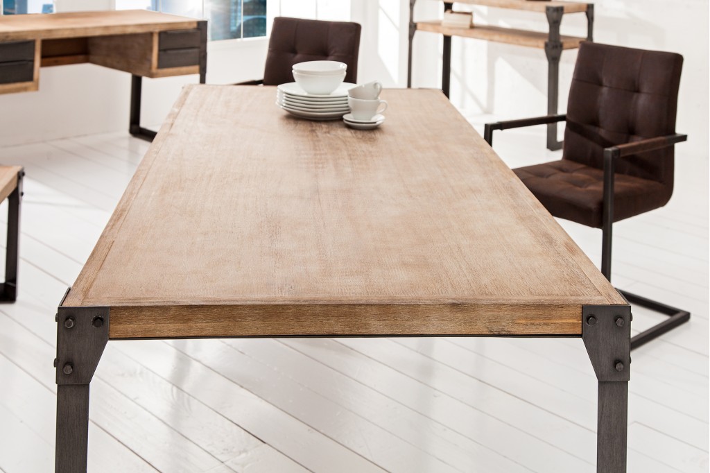 Table de salle à manger design industriel FACTORY 200cm en acacia cérusé blanc