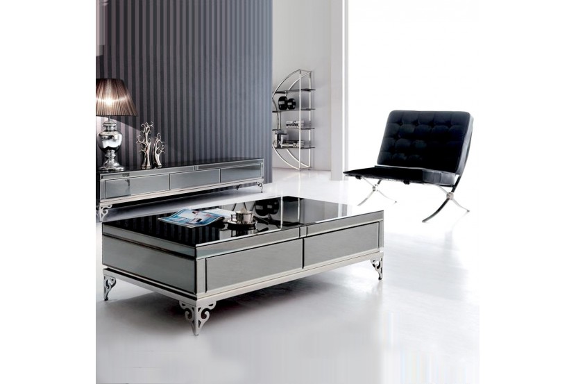 Ensemble de Salon : Table Basse et Meuble Télé en Verre Fumé Noir