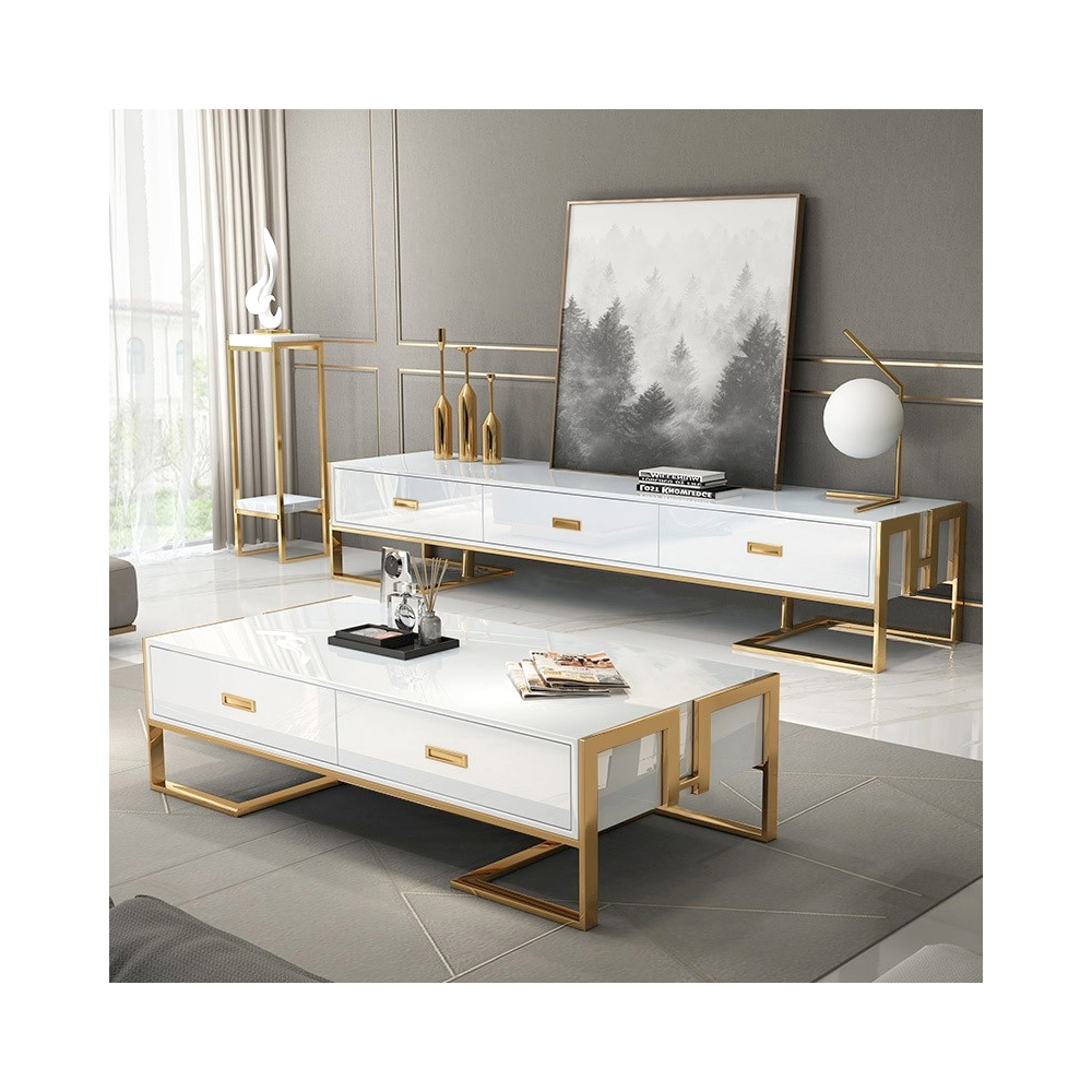 Table basse blanche cadre design effet or avec deux tiroirs