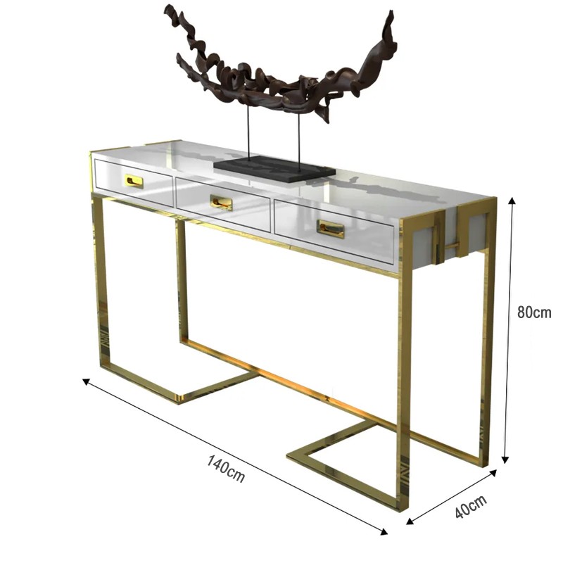 Table console pied couleur or avec tiroirs Table de couloir rectangulaire Luxuria