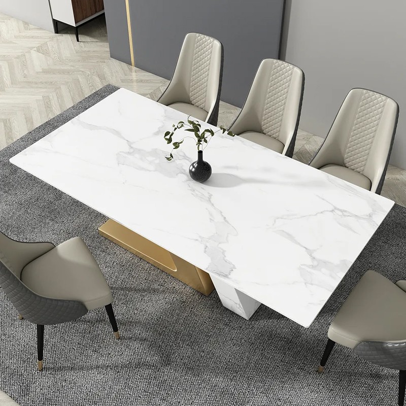 Table de salle à manger moderne céramique marbre blanc et pied doré MARBEL