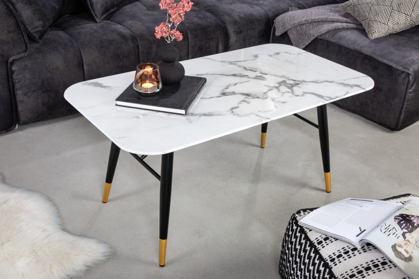 Table basse design PARIS 110cm blanc verre cristal avec décor marbre
