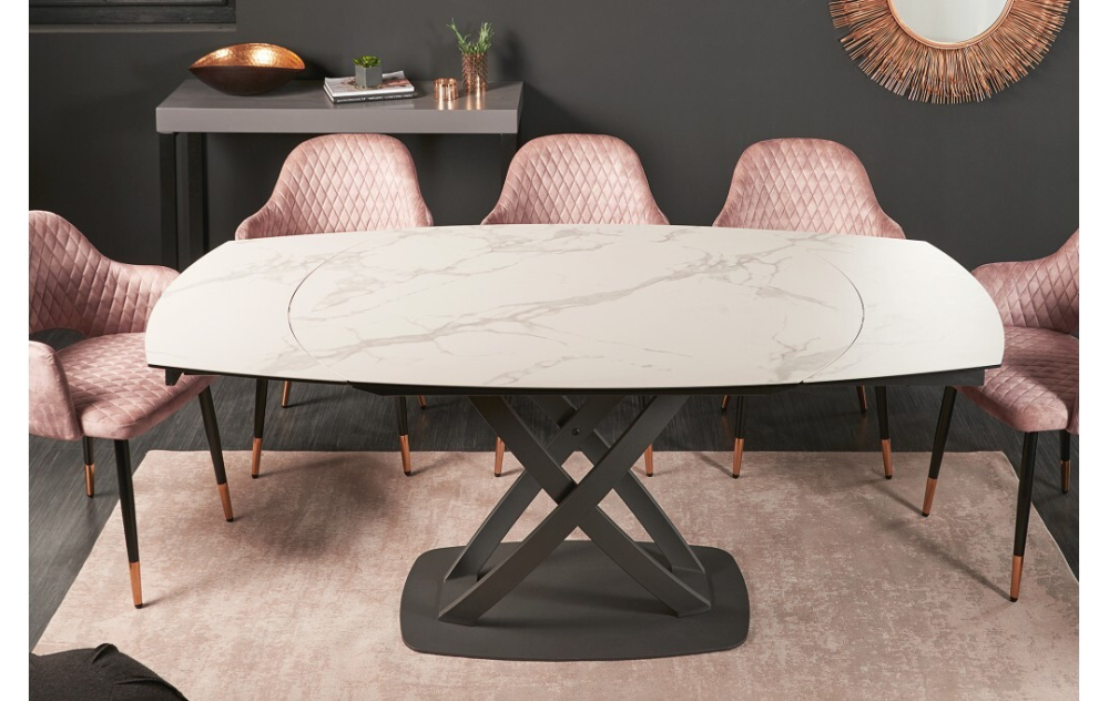 Table de salle à manger à rallonges INCEPTION 130-190cm blanc aspect marbre Céramique pivotante