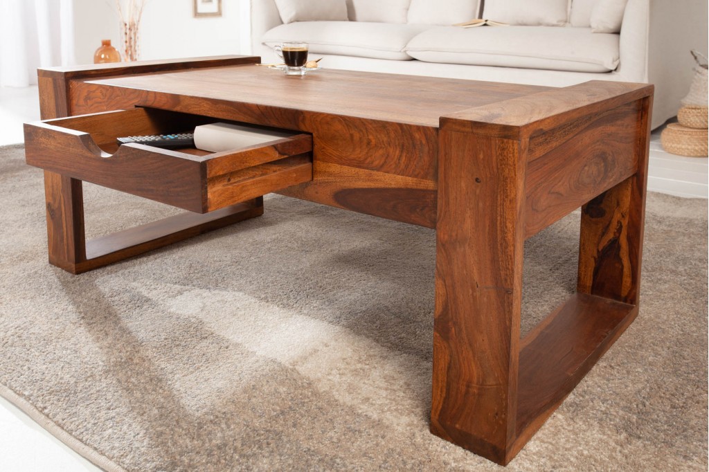 Table basse massive MARKANT 100cm Sheesham avec tiroir