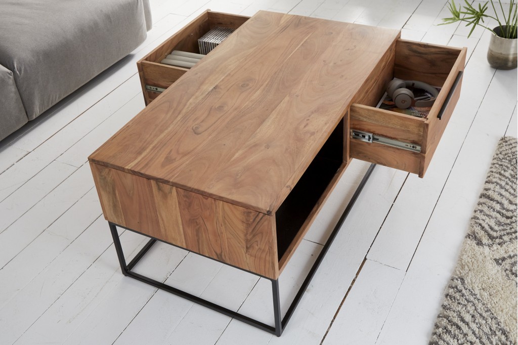 Table basse massive STRAIGHT 110cm en acacia naturel noir avec tiroirs