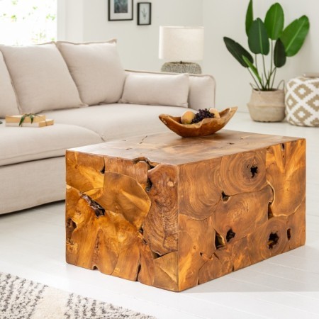 Table basse massive SQUARE 90cm en teck, cubes artisanaux