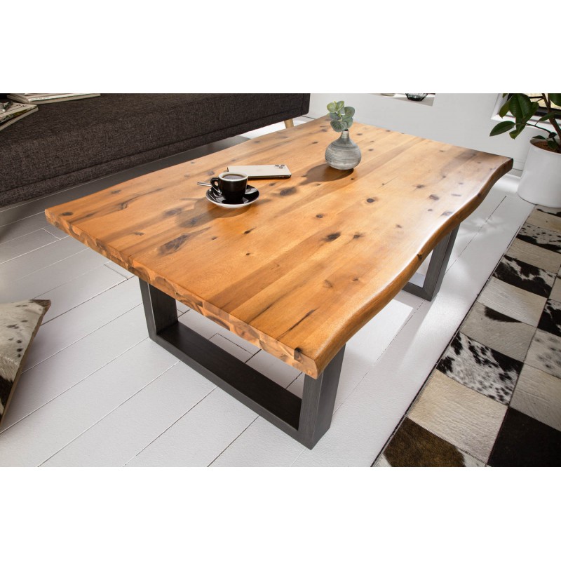 Table basse en tronc d'arbre massif MAMMUT 118cm acacia avec piètement en X