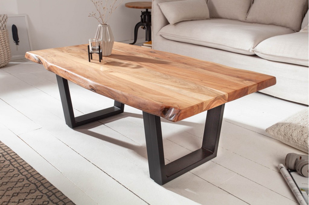 Table basse en tronc d'arbre massif MAMMUT 110cm acacia 3,5cm plateau ...