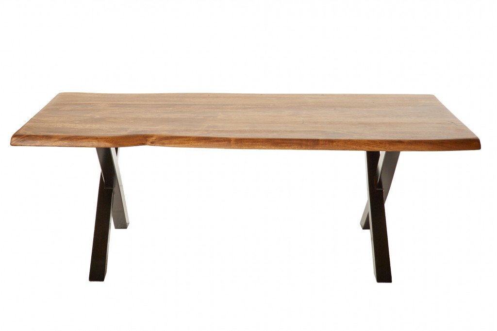Table basse en tronc d'arbre massif MAMMUT 118cm acacia avec piètement en X