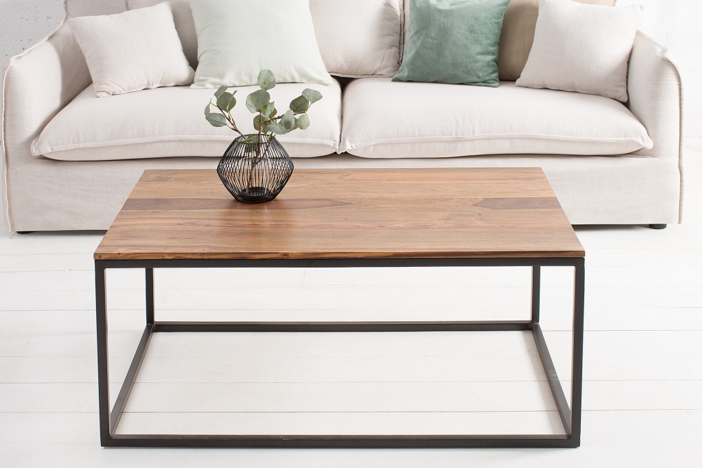 Table basse design ELEMENTS 100cm Sheesham stone finish Fer noir mat