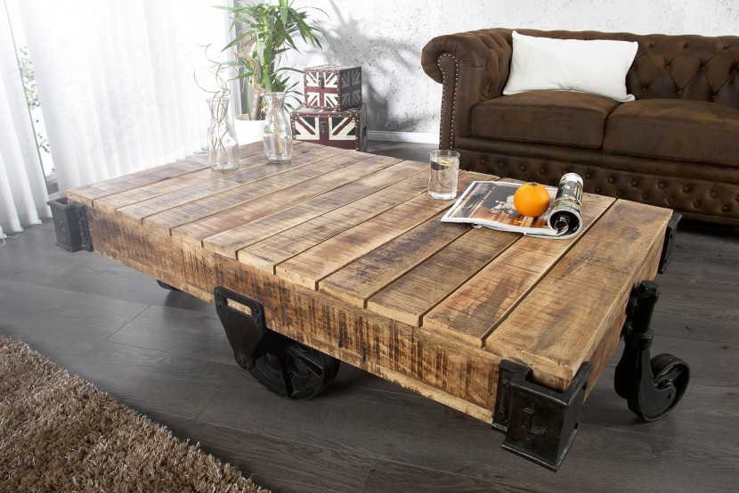 Table basse design massive RAILWAY 120cm en bois de manguier avec 4 ...
