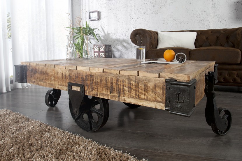 Table basse design massive RAILWAY 120cm en bois de manguier avec 4 ...