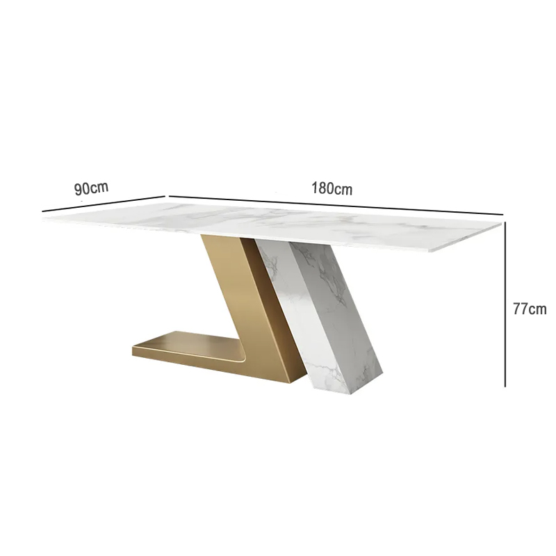 Table de salle à manger moderne céramique marbre blanc et pied doré MARBEL